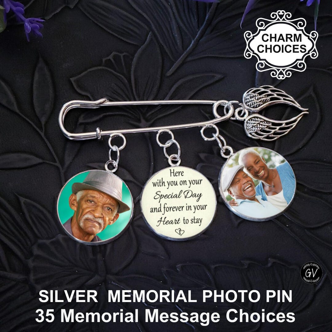 Silver Memorial Photo Wedding Bouquet Boutonniere Lapel Pin Charm, 2 ...