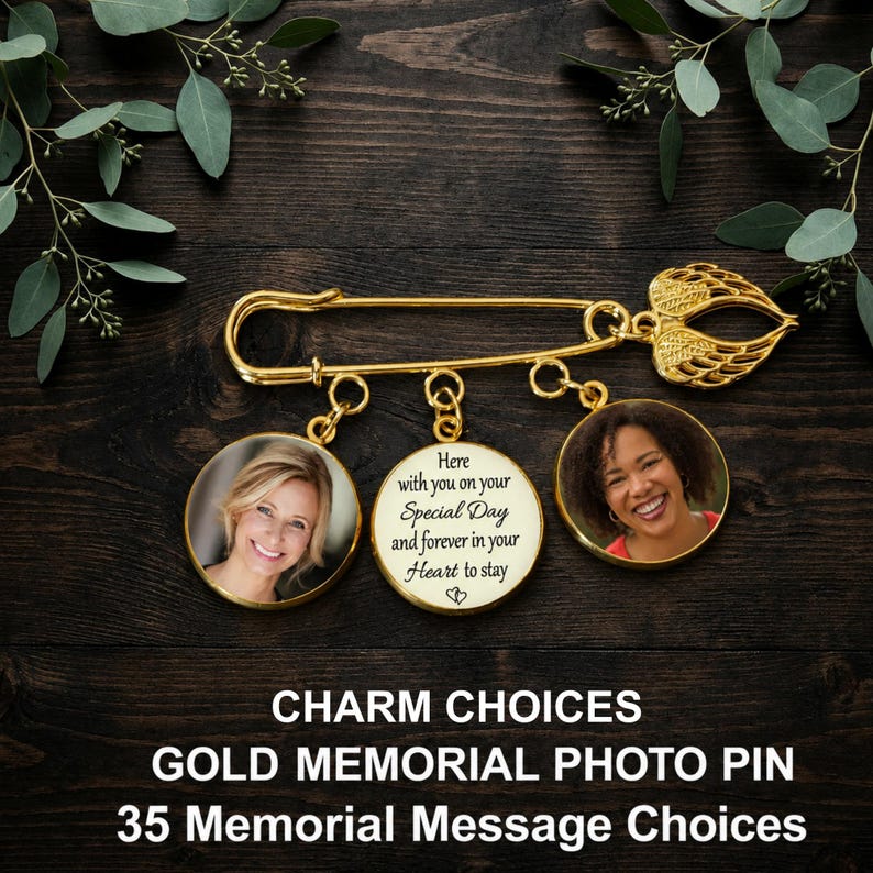 Gold Memorial Photo Wedding Bouquet Boutonniere Lapel Pin Charm, 2 ...