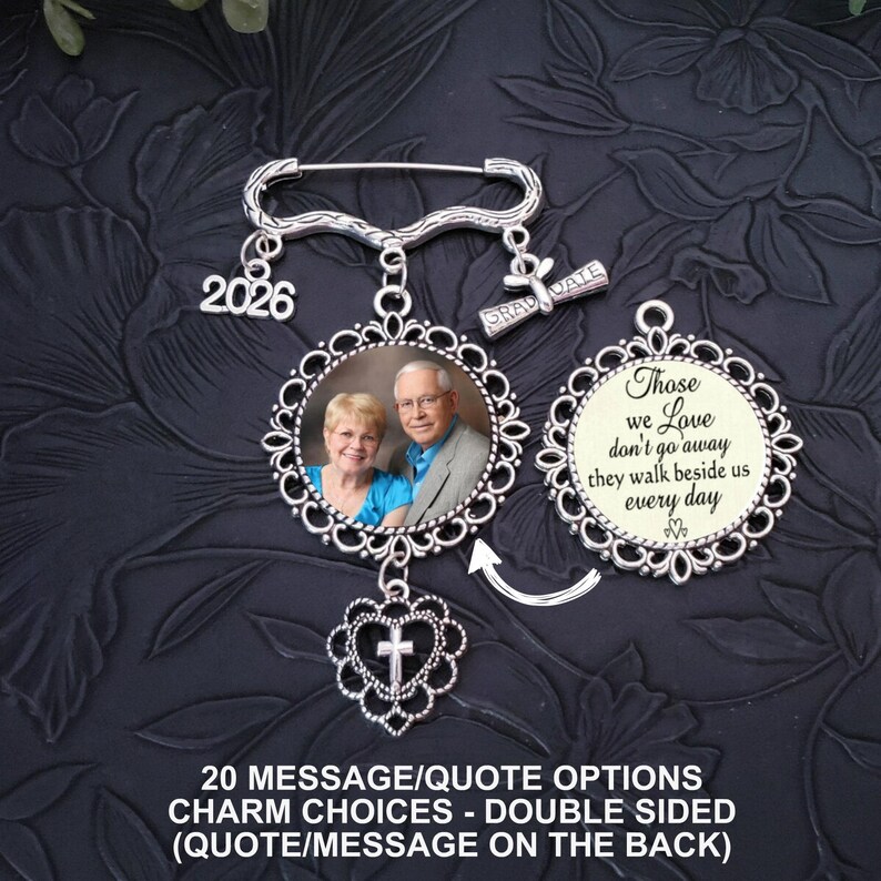Graduation Memorial Photo Gown Charm Pin, Silver, Double Sided, Quote ...