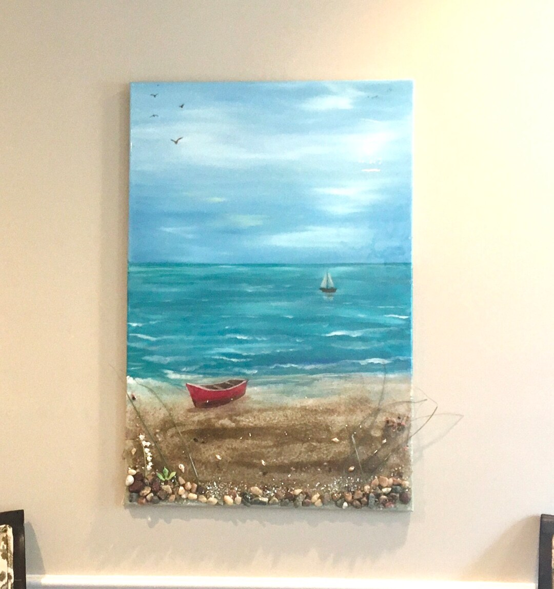 Original Resin Beach Painting: 3D Seascape Canvas Art, Red Boat - Etsy
