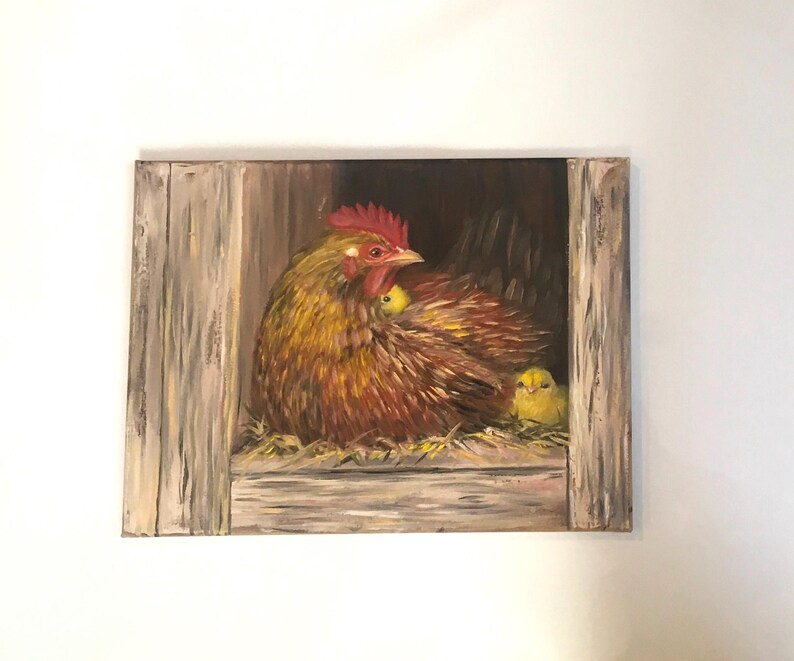 Mother Hen Chicks 16x12 Inches Original Oil Painting Art Wall Hanging ...