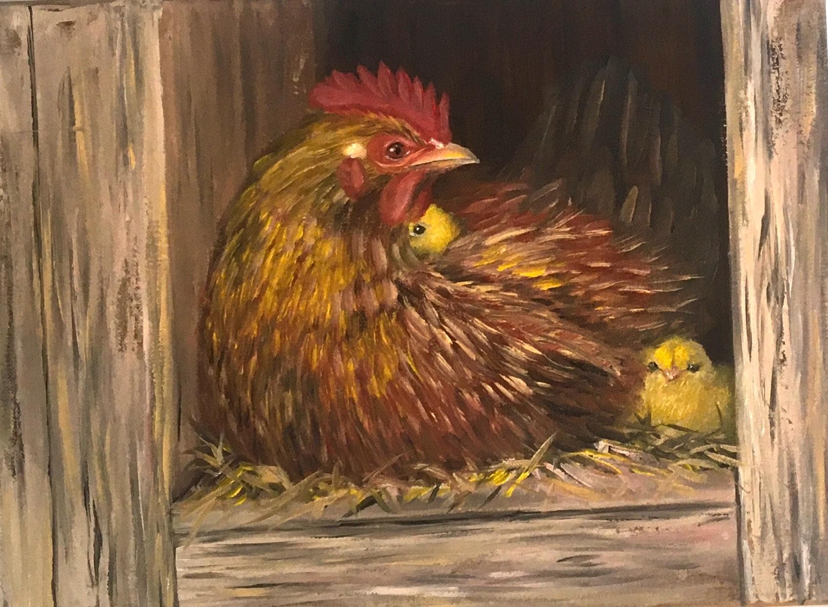 Mother Hen Chicks 16x12 Inches Original Oil Painting Art Wall Hanging ...