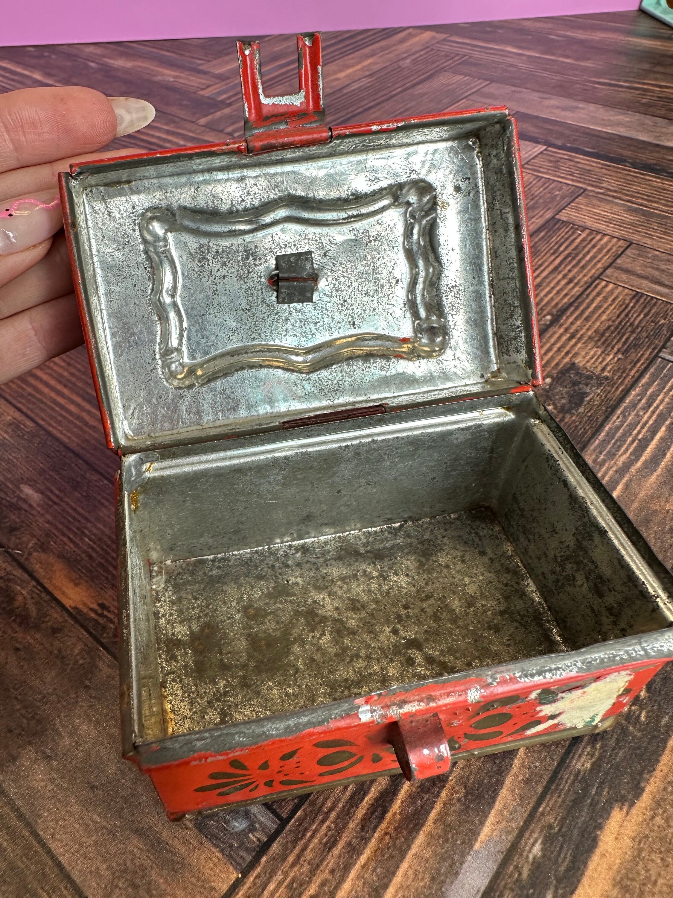 Antique 19th C Hand Painted Tin Box Tole Ware Good Latch Hinge & Top ...