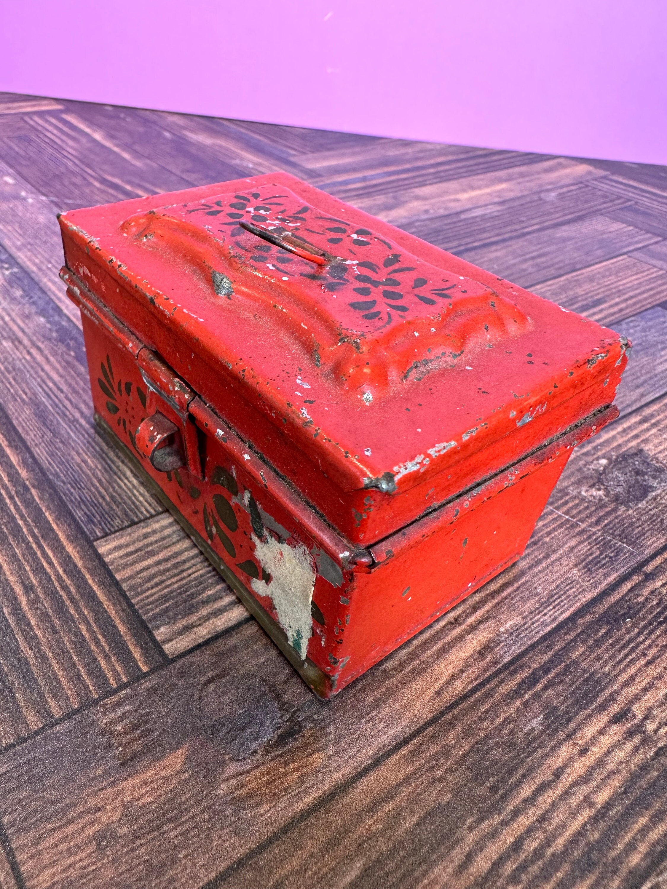 Antique 19th C Hand Painted Tin Box Tole Ware Good Latch Hinge & Top ...