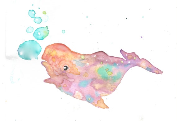 Pink Beluga Whale Blowing Bubbles Watercolor Prints | Etsy