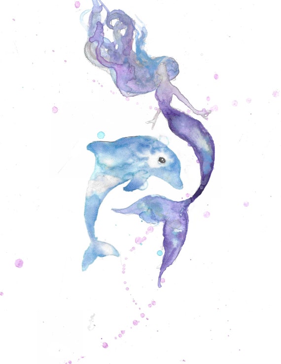 Mermaid & Dolphin Watercolor Art Prints - Etsy