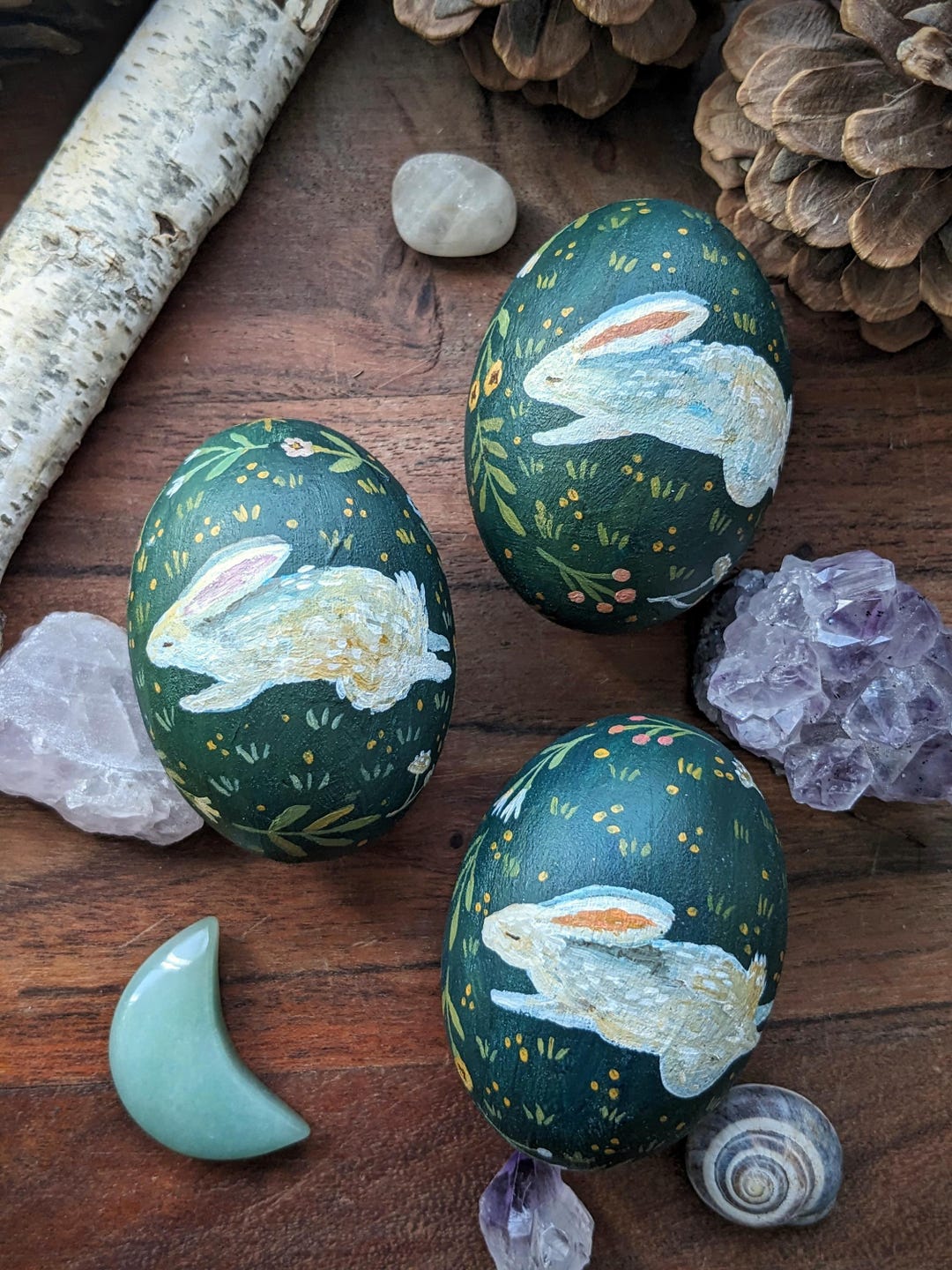 Ostara-easter- Hand Painted Wooden Eggs- Celestial Rabbits - Etsy