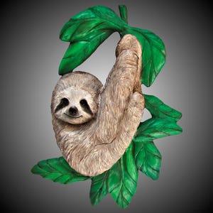 Tree Sloth Version 2 With Green Leaves Wall Hanging Hand Carved Wood ...