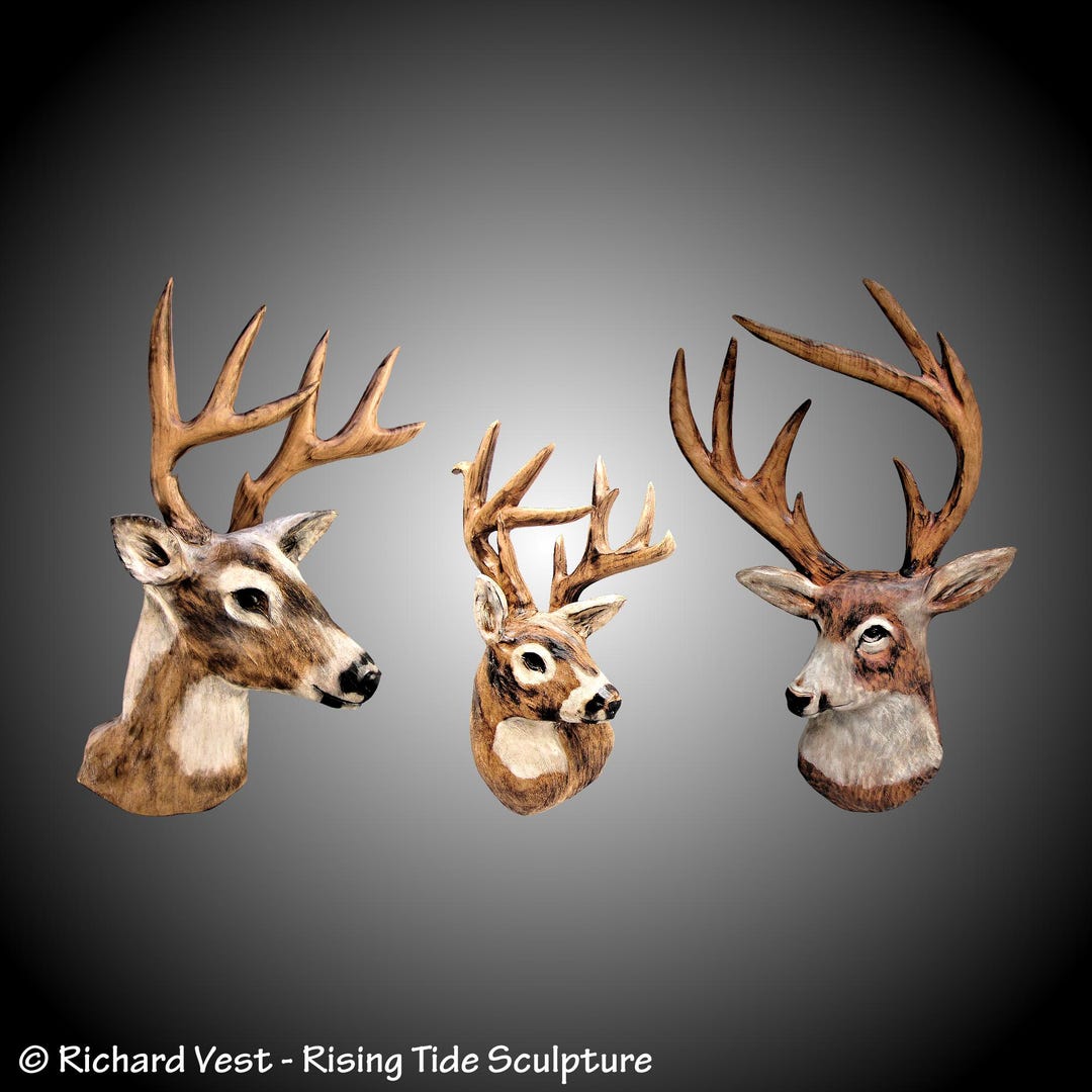 Deer Busts Wall Sculpture Grouping of 3 Hand Carved Made to Order Alder ...