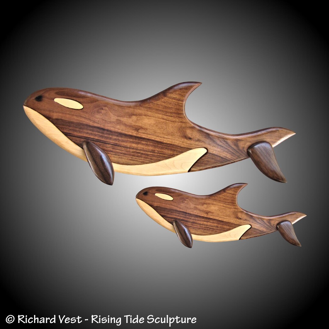 Orca Whales Mother / Calf Wall Sculpture in Black Walnut and Maple Hand ...