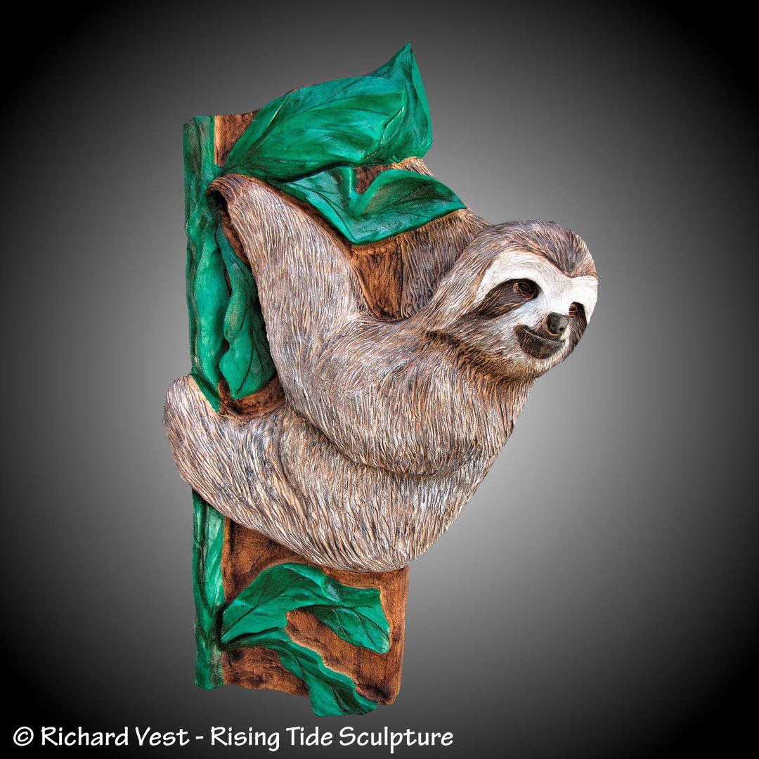 Tree Sloth Version 2 With Green Leaves Wall Hanging Hand Carved Wood ...
