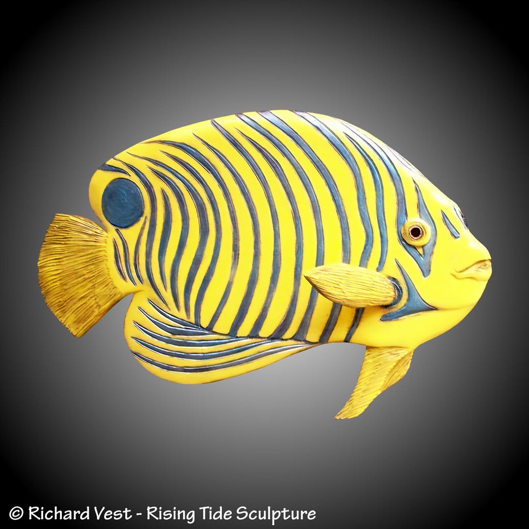 Hand Carved Maple Wood Queen Angel Fish Wall Art: Blue & Yellow Decor ...