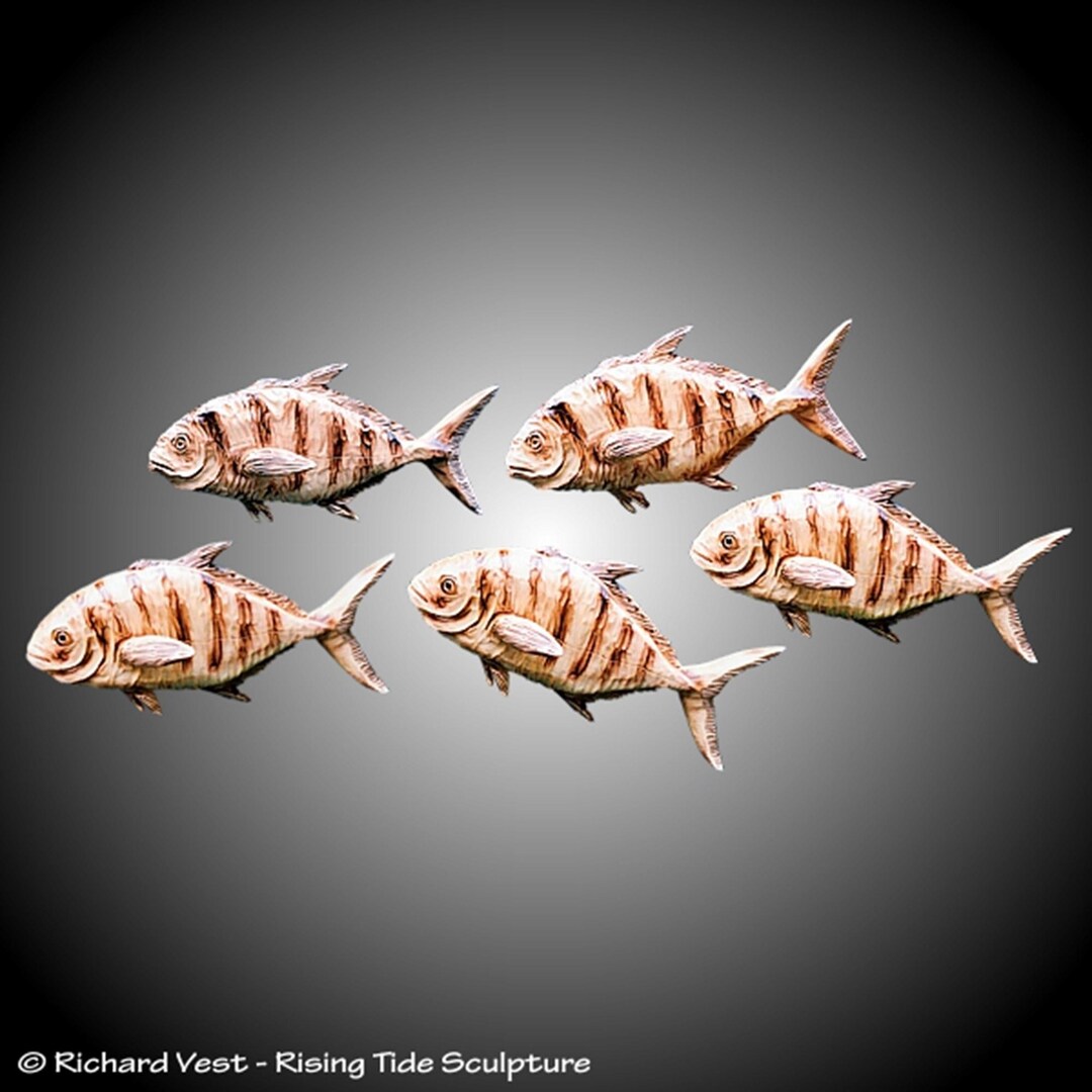 Jack Fish Ocean Wall Sculpture Schooling Group of 5 Maple Wood Hand ...