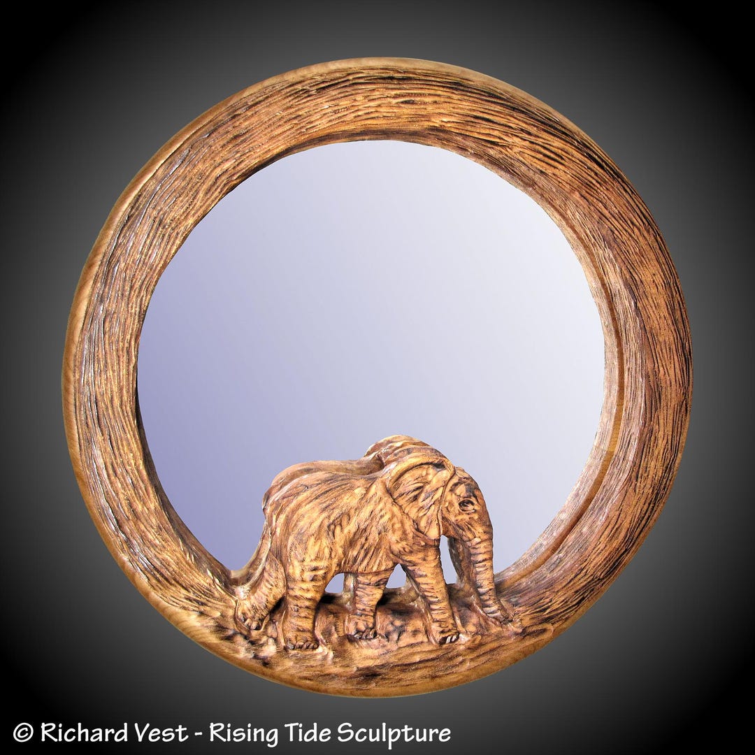 Wall Mirror Features the African Elephant Design/24" Dia./alder Wood ...
