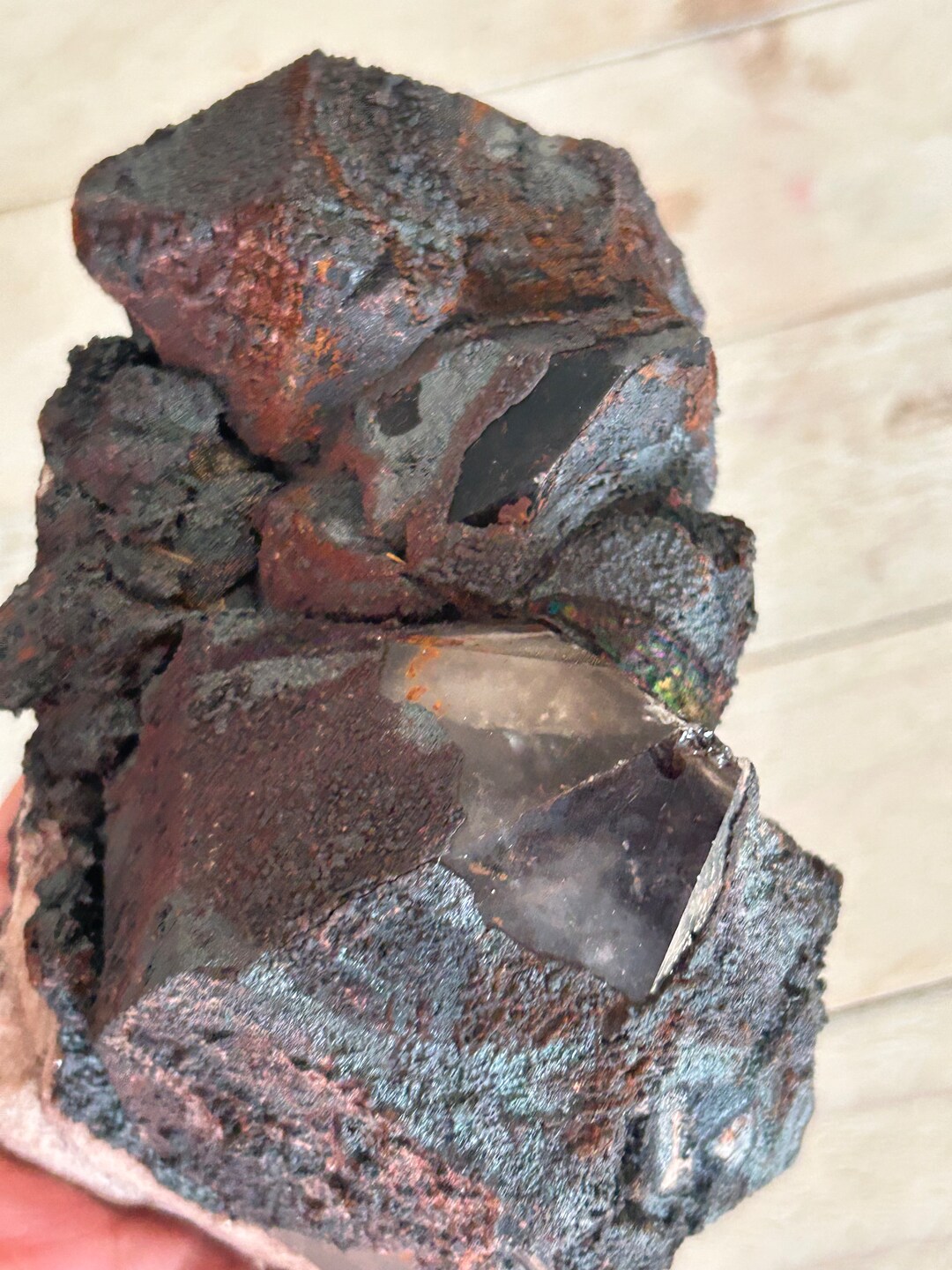 Rainbow Goethite on Quartz Plate AKA Blacknite of Covellite and Bornite ...