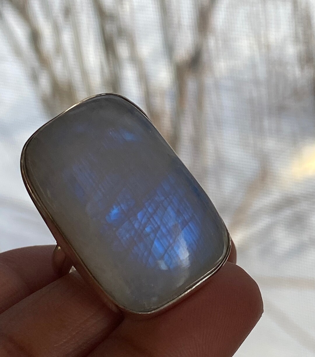 Blauer Blitz Mondstein Ring: Langer Rechteckiger Sterling Silber 925 ...