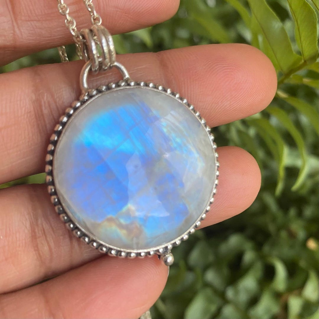 Round Rainbow Moonstone Moon Pendant Necklace in Sterling Silver for ...