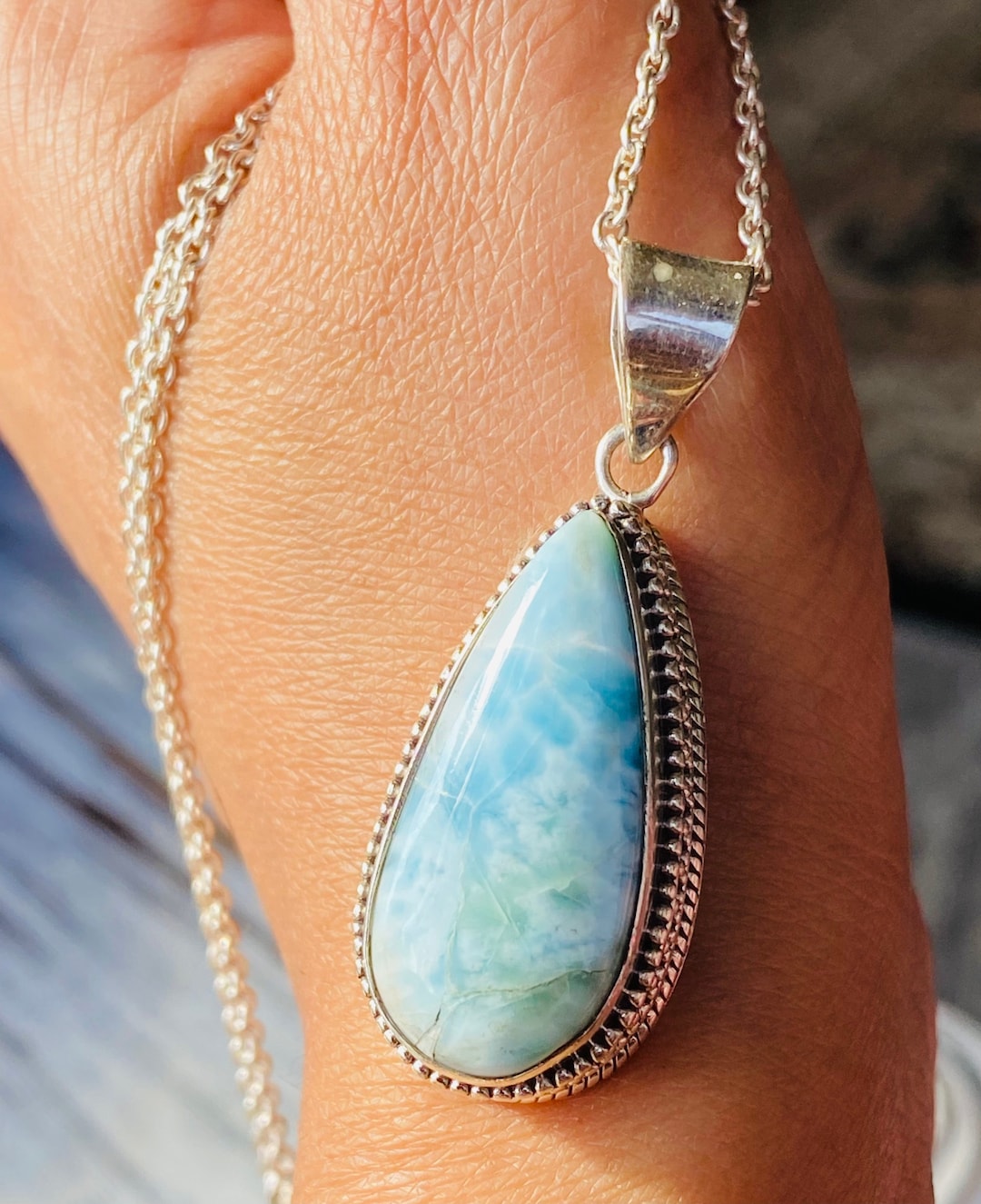 Real Larimar Necklace Sterling Silver for Women- Natural Blue Larimar ...