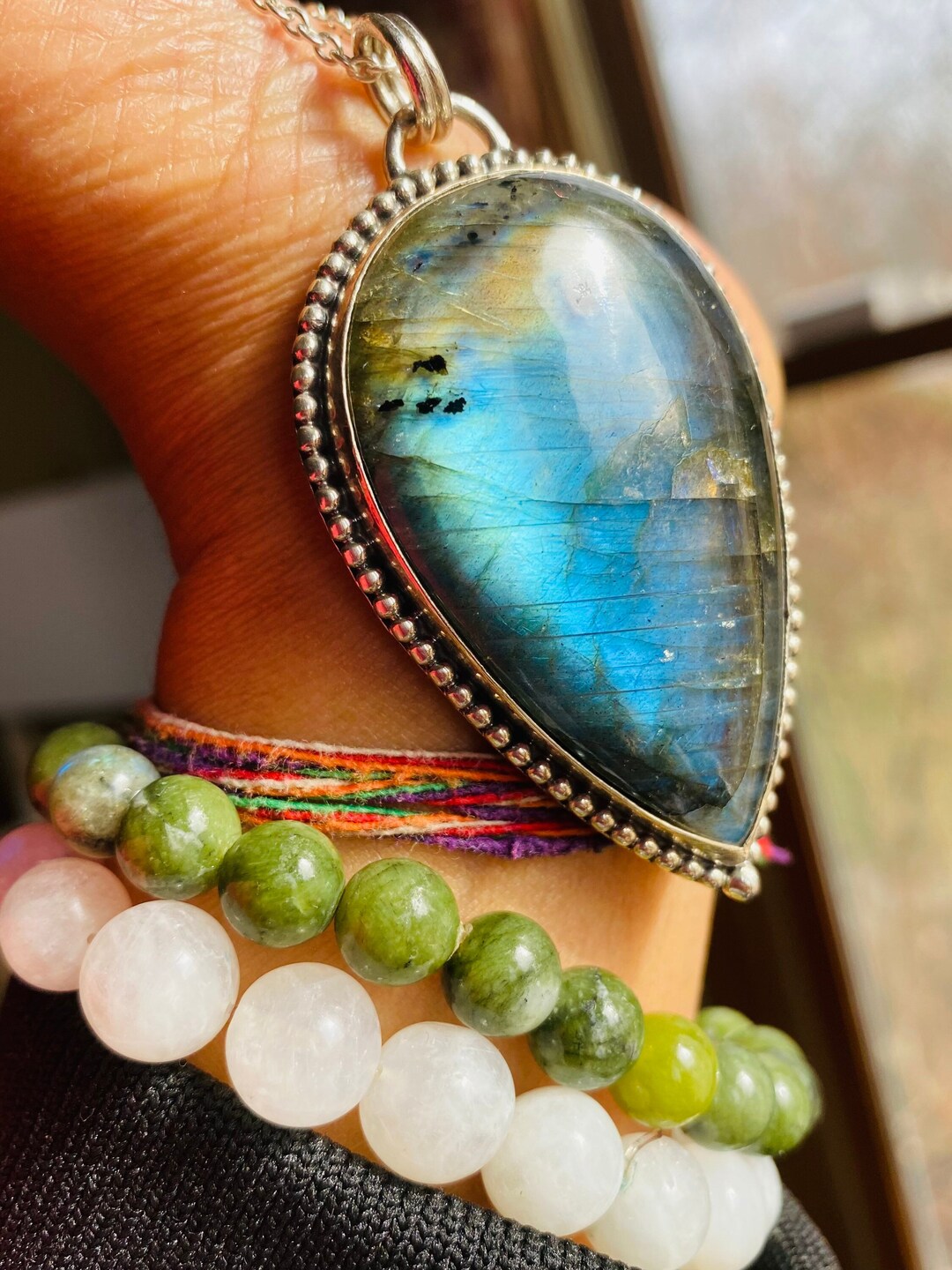 Extra Large Blue Oval Labradorite Pendant Necklace: 925 Sterling Silver ...