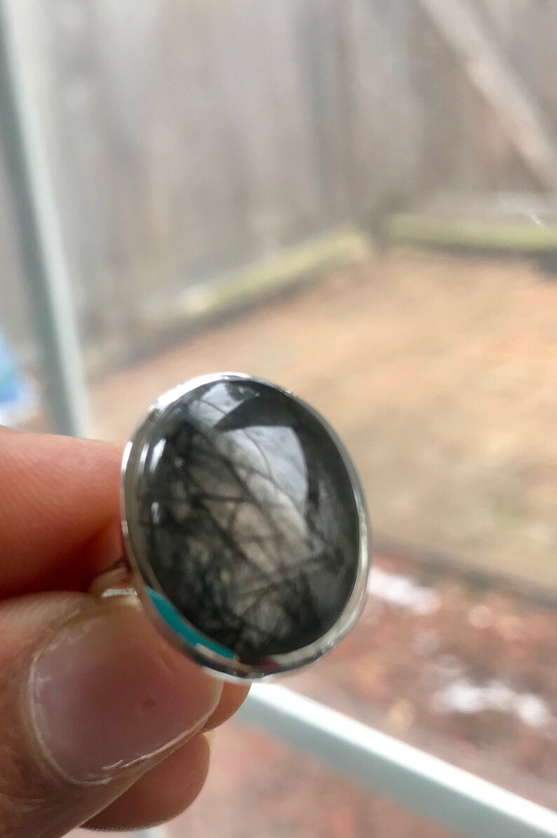 Black Rutile Quartz Ring Sterling Silver Natural Tourmaline | Etsy