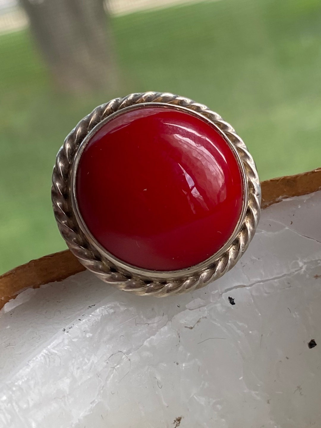 Coral Gemstone Ring Sterling Silver Size 7 8 Large Round Red Statement ...