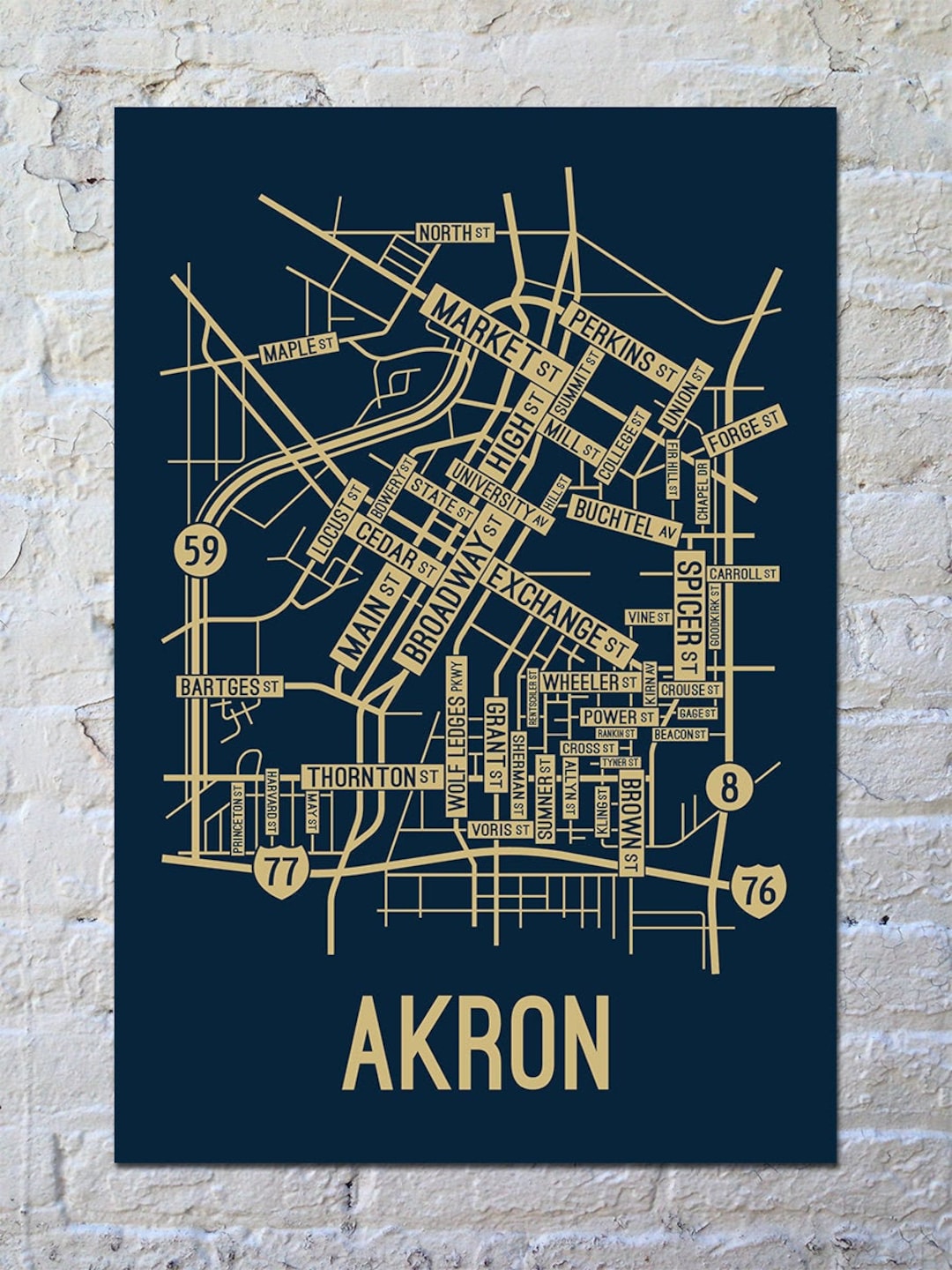 Akron, Ohio Street Map Screen Print College Town Map - Etsy