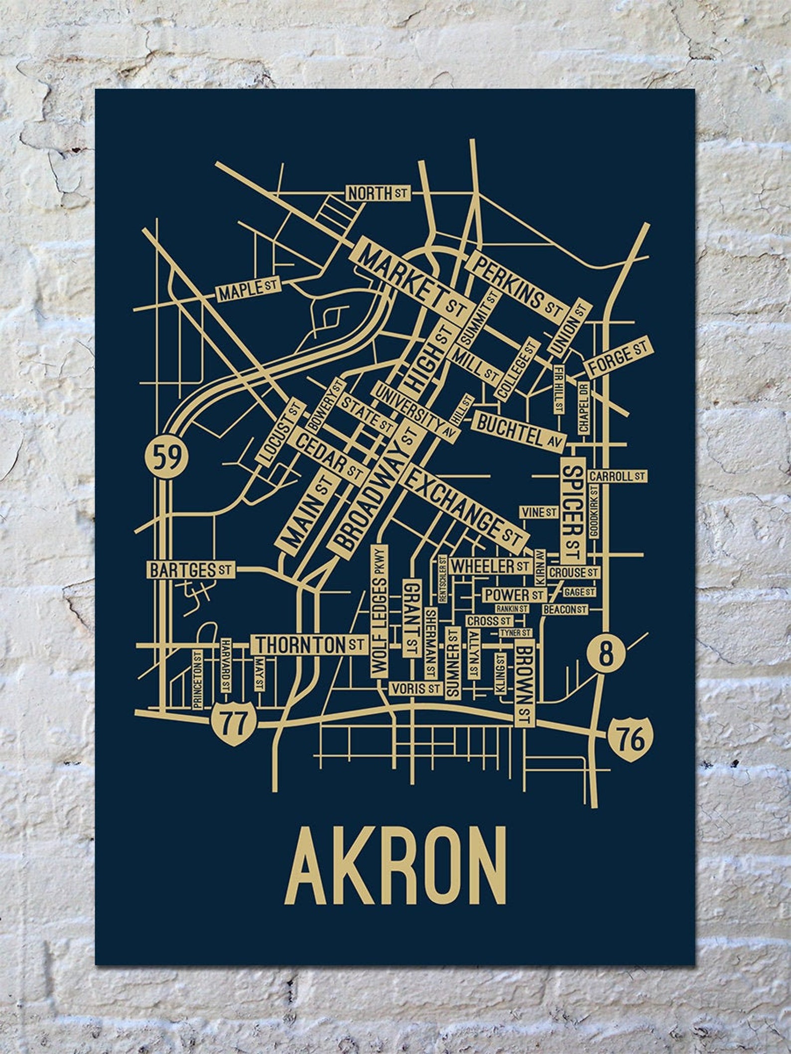 Akron Ohio Street Map Screen Print College Town Map | Etsy
