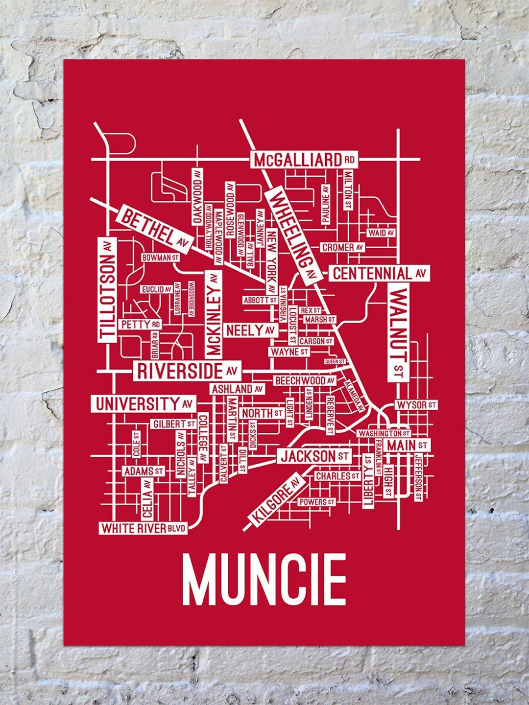 Muncie, Indiana Street Map Poster, Acrylic, Canvas, Metal Print, Framed ...