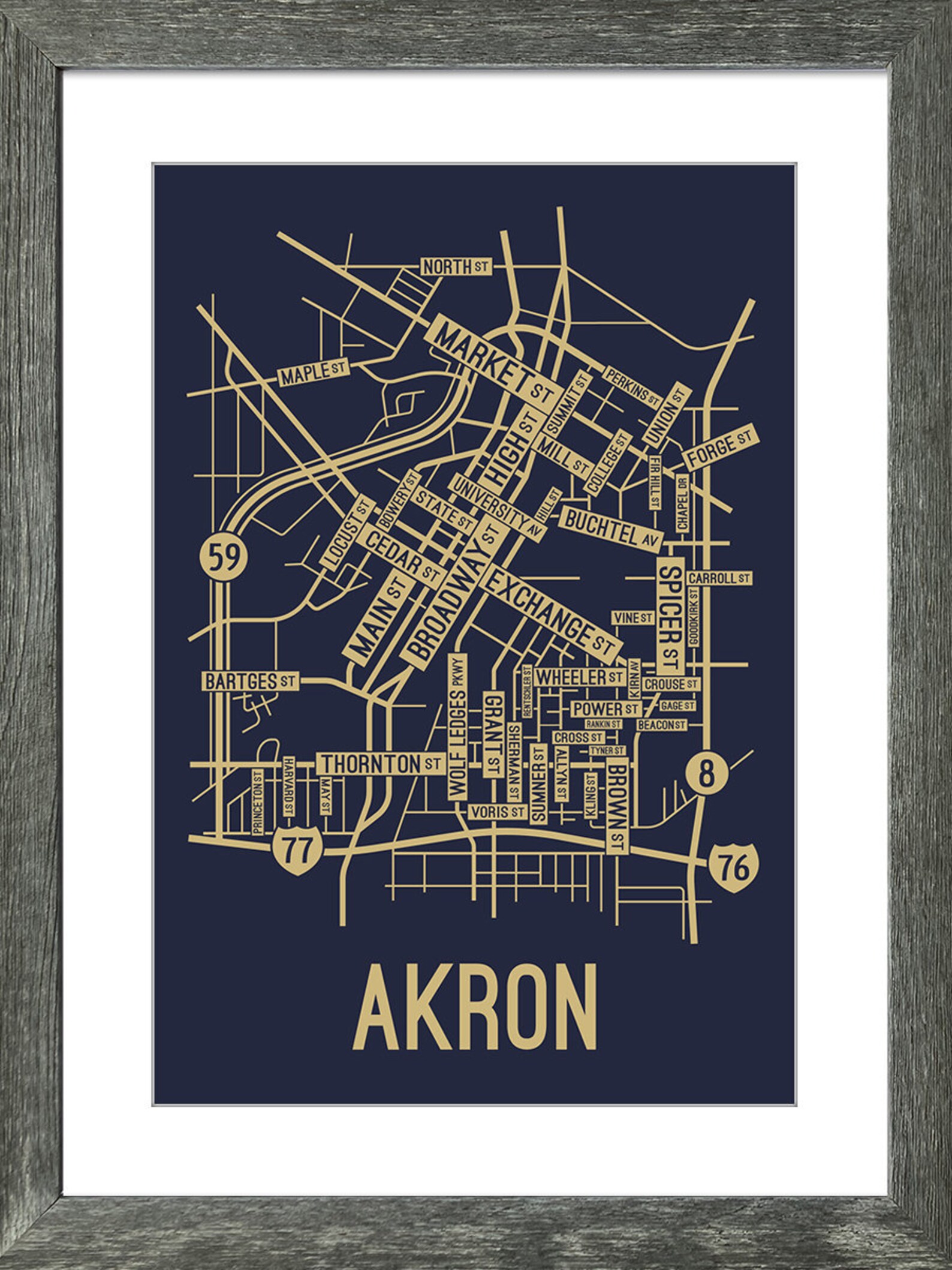 Akron Ohio Street Map Screen Print College Town Map - Etsy