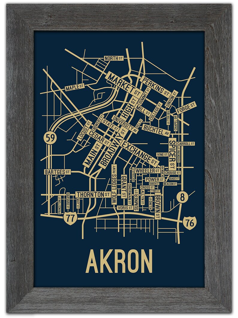 Akron Ohio Street Map Screen Print College Town Map - Etsy