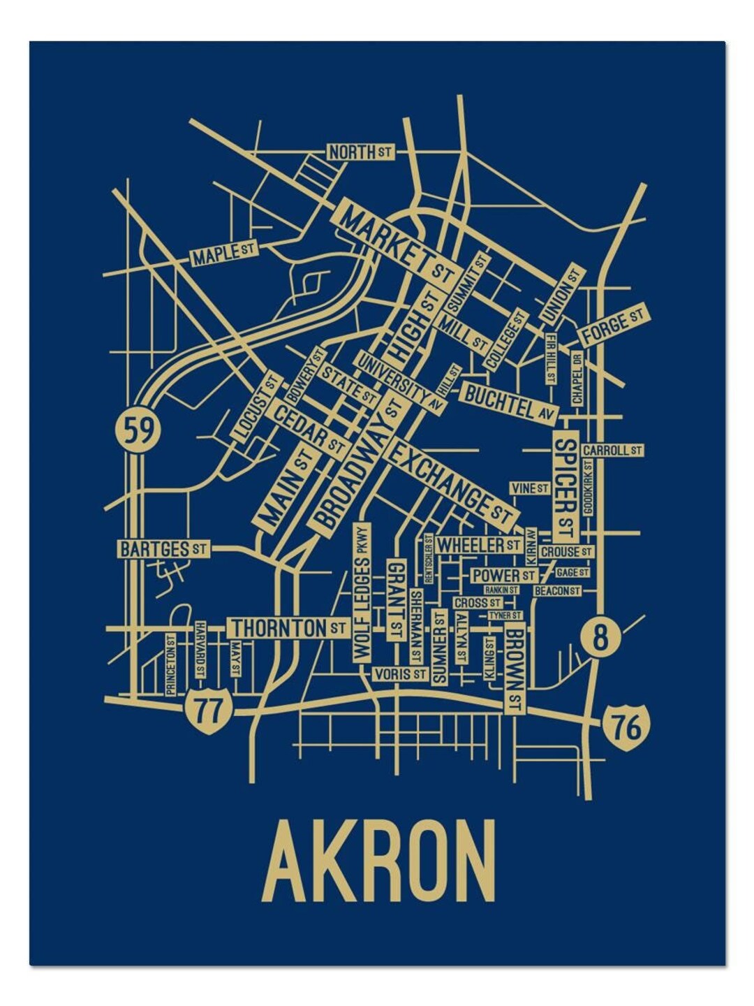 Akron, Ohio Street Map Poster, Acrylic, Canvas, Metal Print, Framed ...