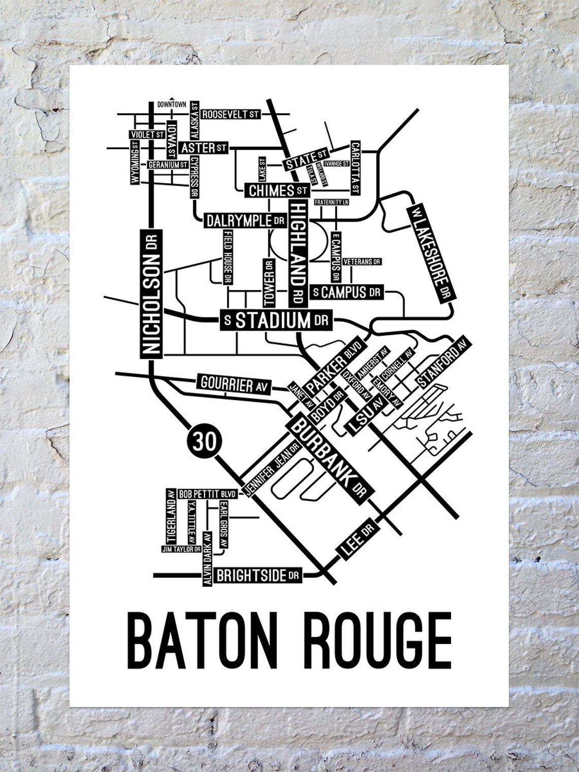 Baton Rouge Louisiana Street Map Poster Canvas or Metal - Etsy