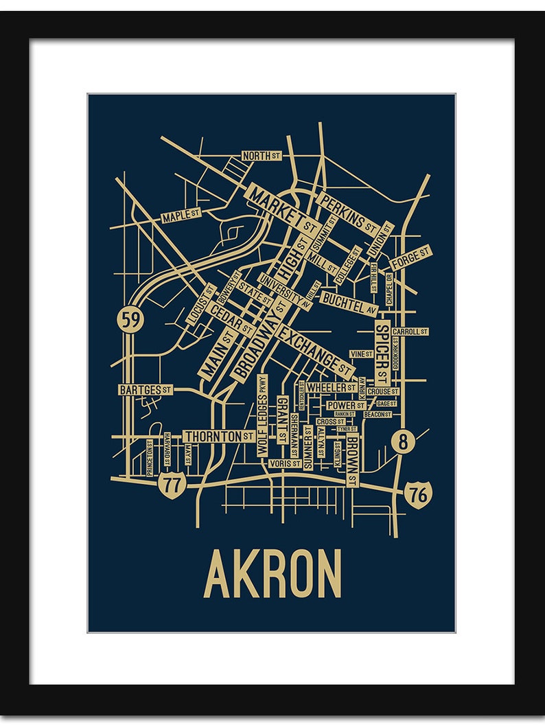 Akron Ohio Street Map Screen Print College Town Map - Etsy