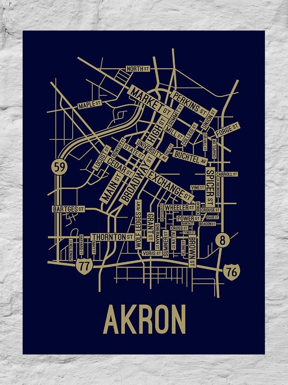 Akron Ohio Street Map Poster Canvas or Metal Print | Etsy
