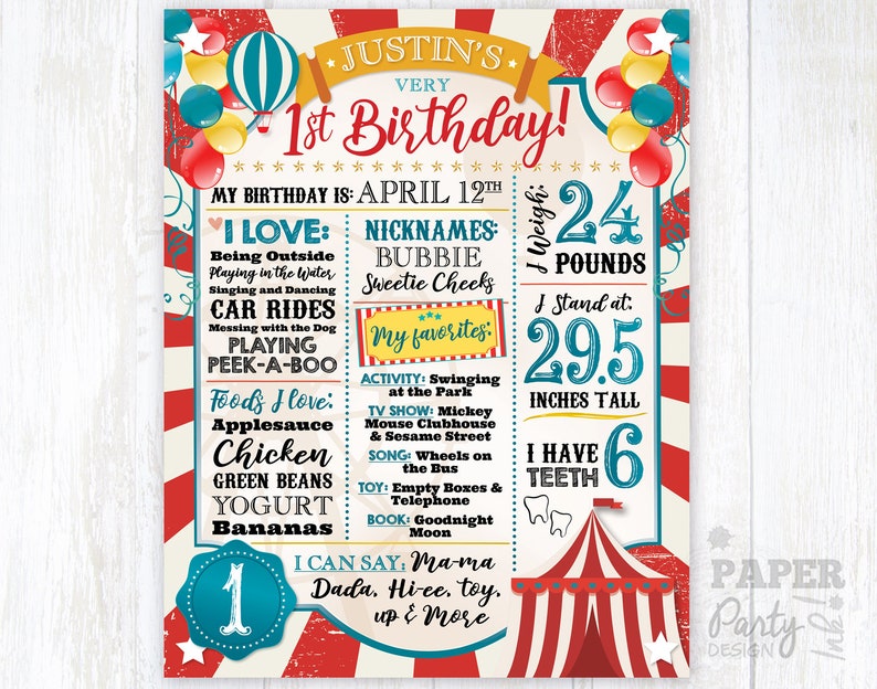 Carnival 1st Birthday Stats Poster Circus Party Printable - Etsy