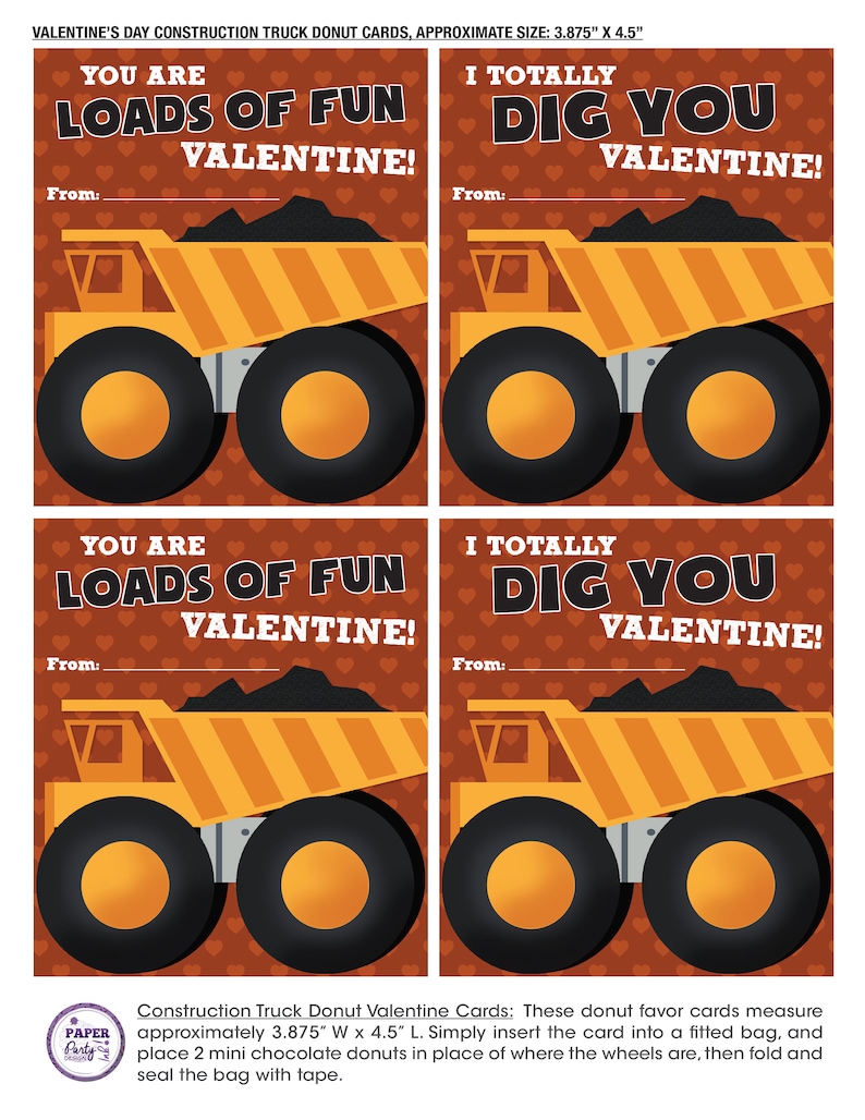 Valentine Construction Truck Donut Cards Dump Truck Printable | Etsy
