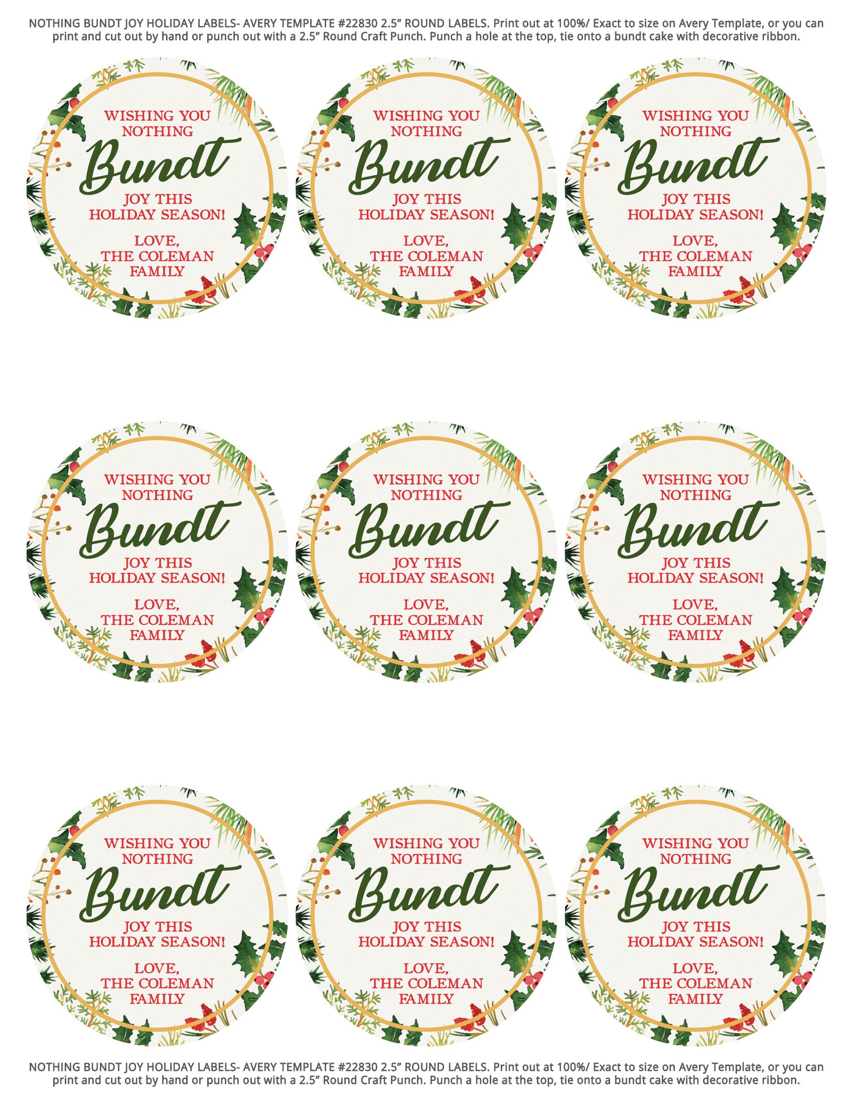 Printable Holiday Bundt Cake Tags Christmas Bundt Cake Gift | Etsy