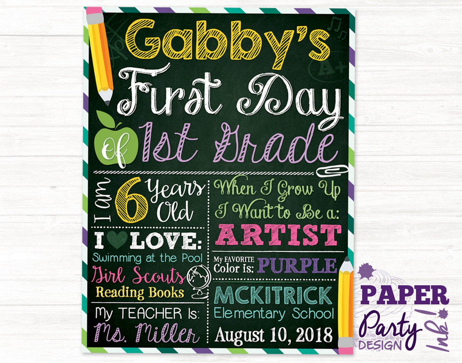 Back to School Personalized Chalkboard Sign 11" X 14" With Stats, 1st ...