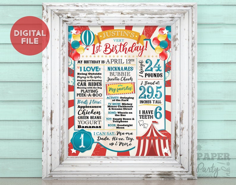 Carnival 1st Birthday Stats Poster, Circus Party Printable Stats Sign ...