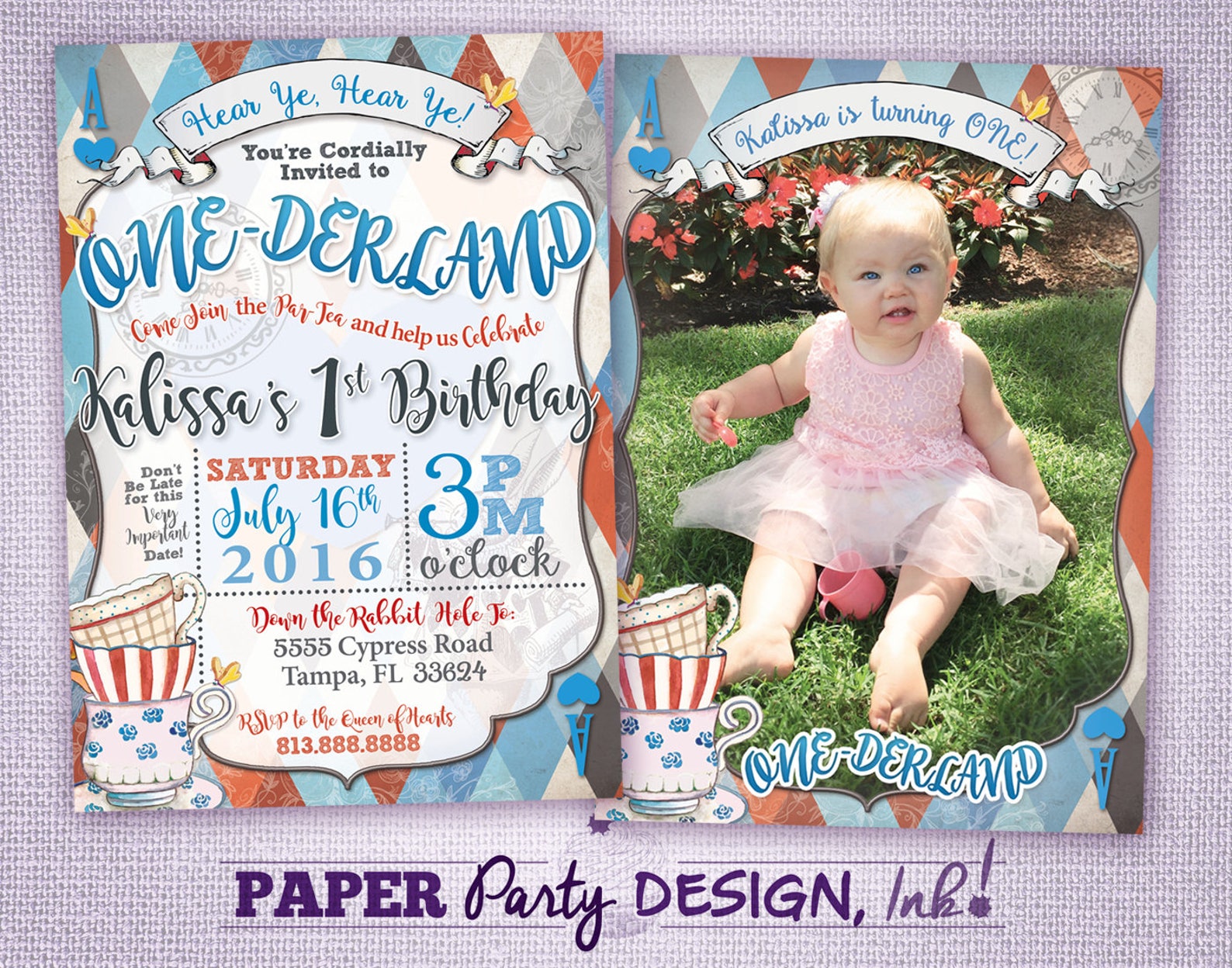 Alice in One-derland 1st Birthday Invitation With Photo Traditional ...