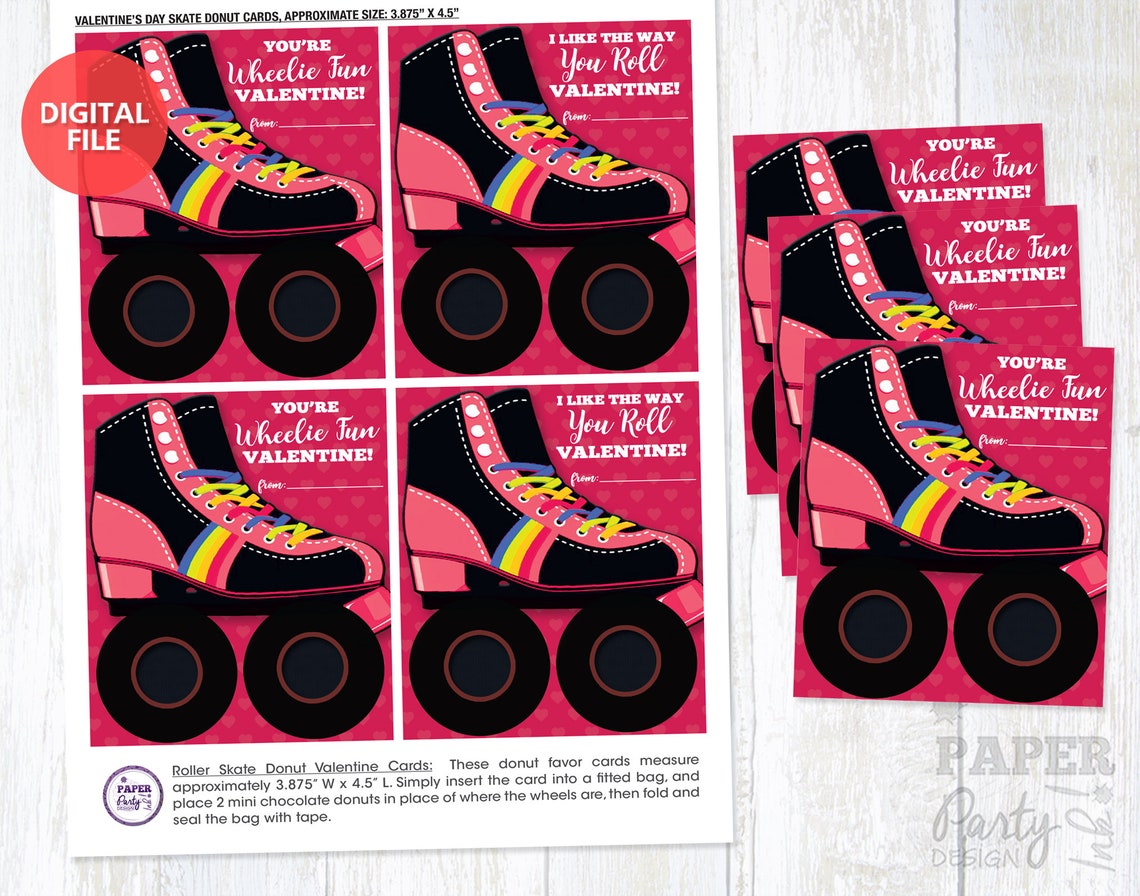 Valentine Roller Skate Donut Cards Skate Printable Valentine - Etsy