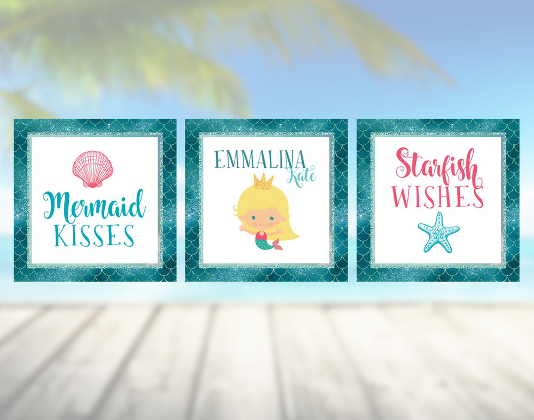 Mermaid Kisses Trio 12" X 12" Set, Mermaid Kisses Starfish Wishes Room ...