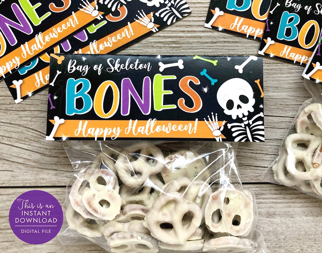 Printable Halloween Bag Topper, Skeleton Bones Pretzel Treat Bag Topper ...