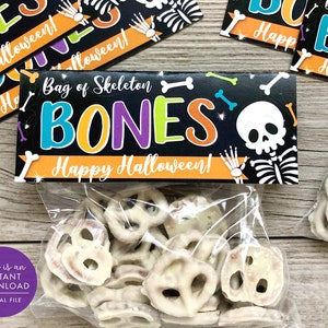 Printable Halloween Bag Topper, Skeleton Bones Pretzel Treat Bag Topper ...