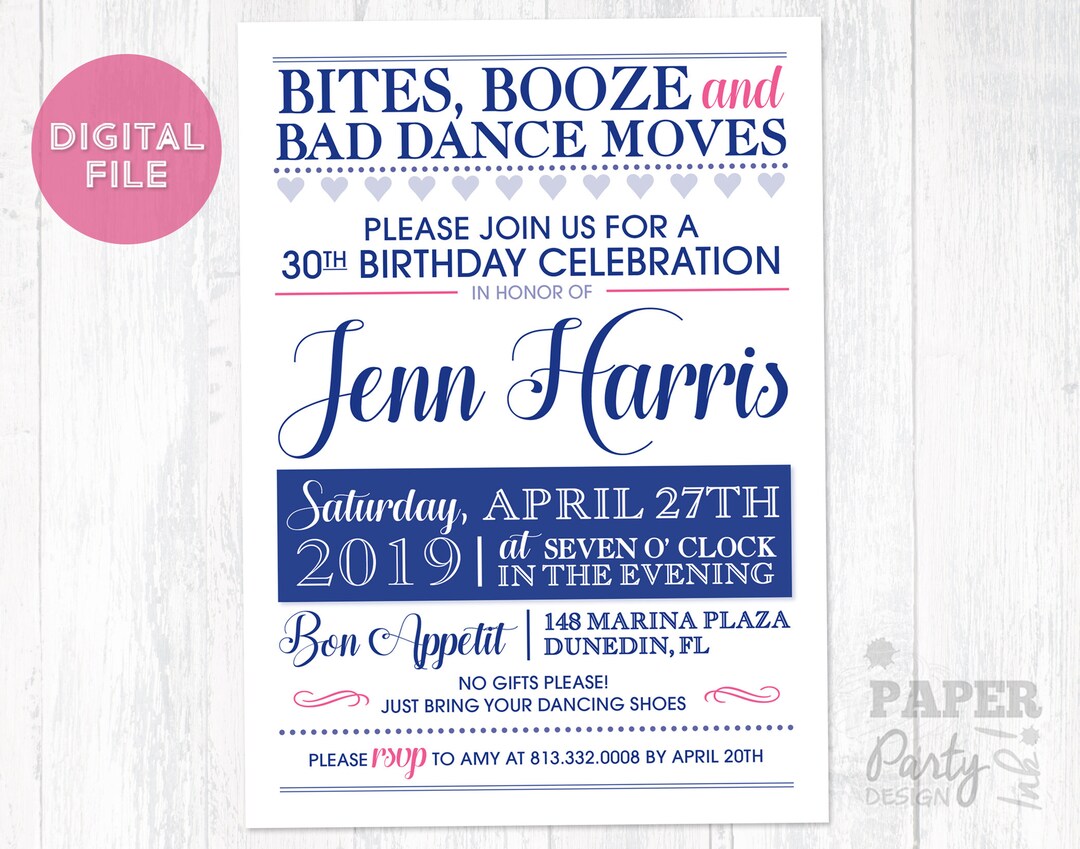 Bites Booze and Bad Dance Moves Birthday Invitation, Bites and Booze ...
