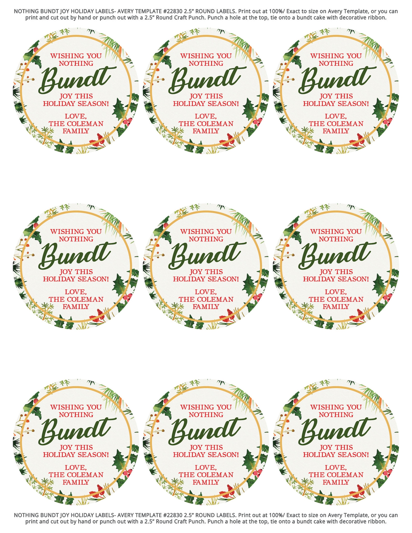 Printable Holiday Bundt Cake Tags Christmas Bundt Cake Gift | Etsy