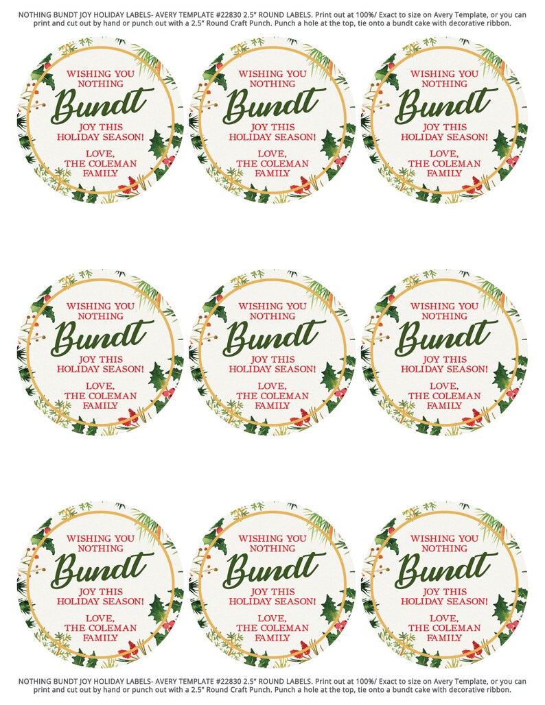 Printable Holiday Bundt Cake Tags Christmas Bundt Cake Gift | Etsy