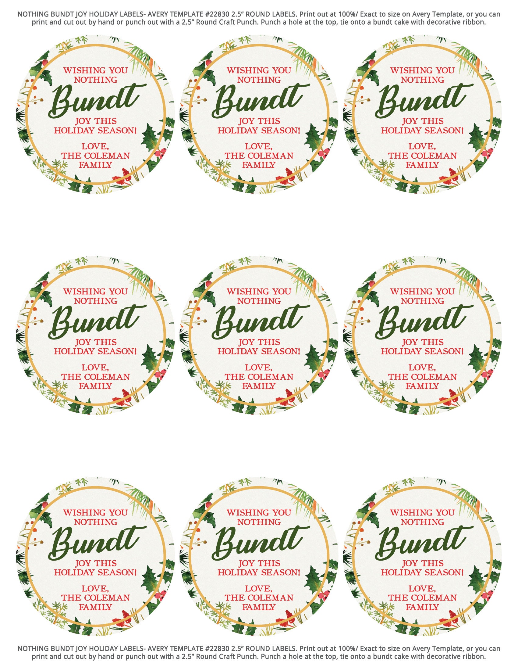 Printable Holiday Bundt Cake Tags Christmas Bundt Cake Gift | Etsy