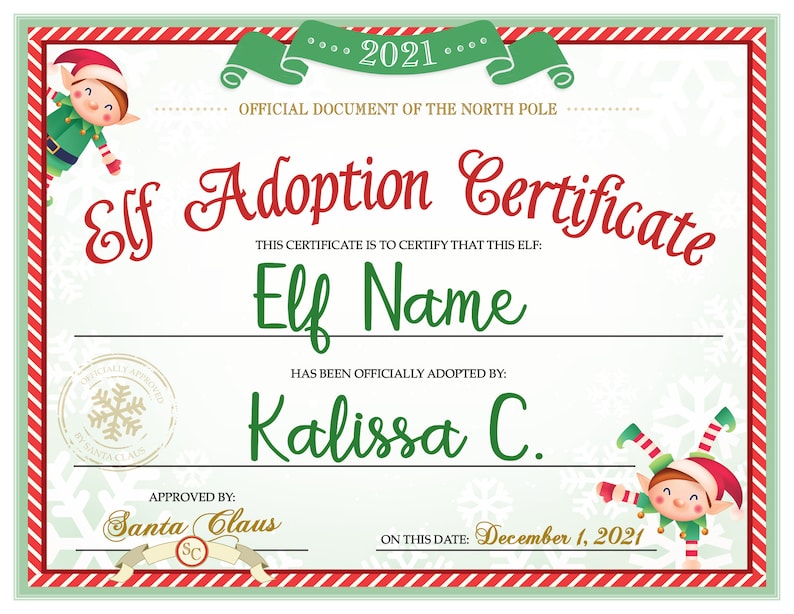 Printable Personalized Christmas Elf Letter and Adoption Certificate ...
