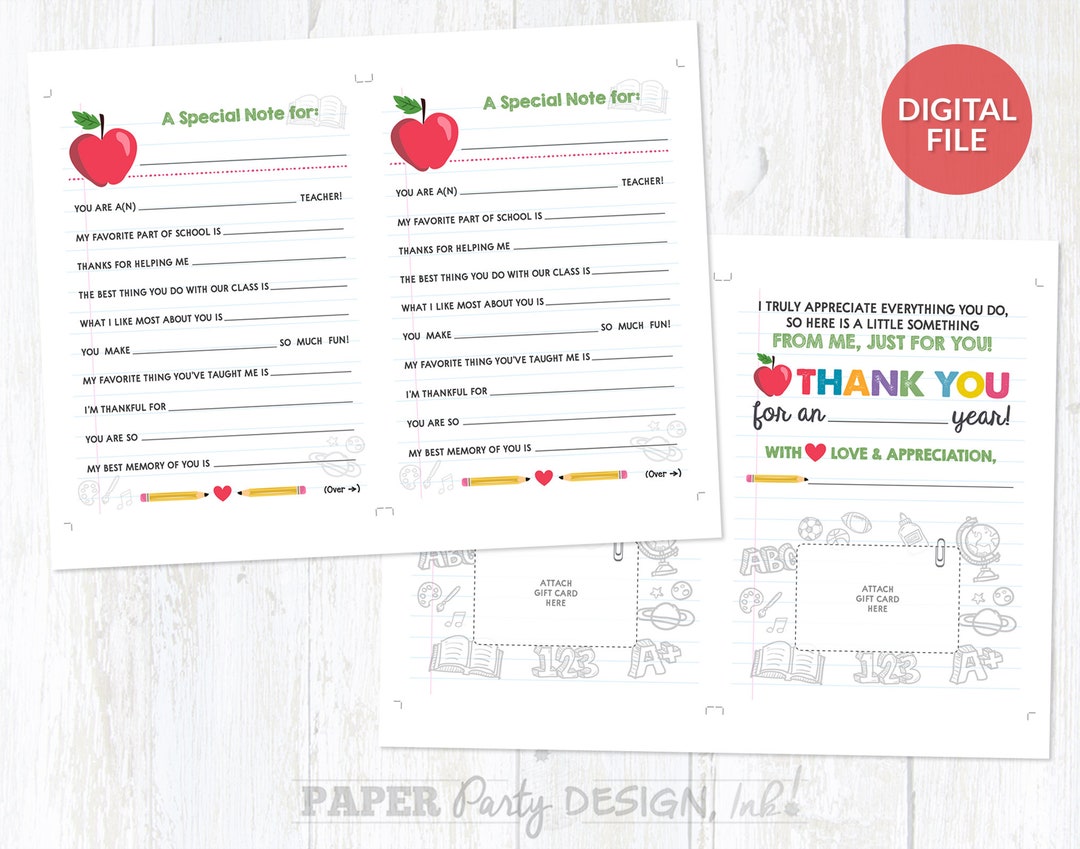 Instant Download Teacher Appreciation Thank You Note, Teacher ...